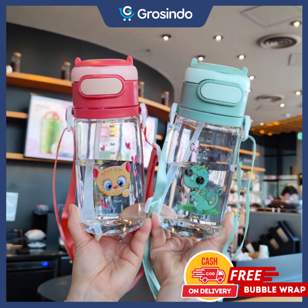 Jual Botol Minum Anak Karakter Kartun Lucu 550ML Free Tali Panjang Dan Sedotan | Shopee Indonesia