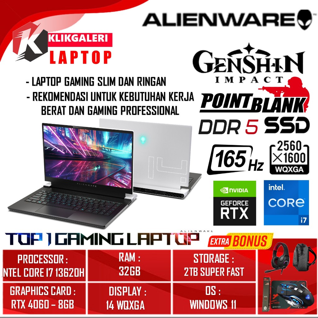 Jual Laptop Gaming Slim Alienware X14 R2 intel Core i7 13620H RAM 32GB ...