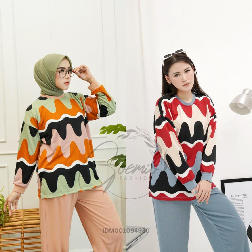 Jual Ilook | LD 120 One Set Creamy Setelan Katun Knit Combi Atasan Motif Dan Celana Panjang ...