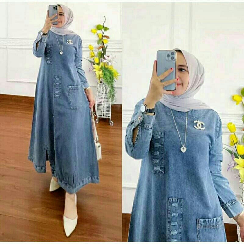 Jual Cod~Baju Gamis Jeans Wanita Terbaru Ld 110 Pb 120/ Gamis lepis ...