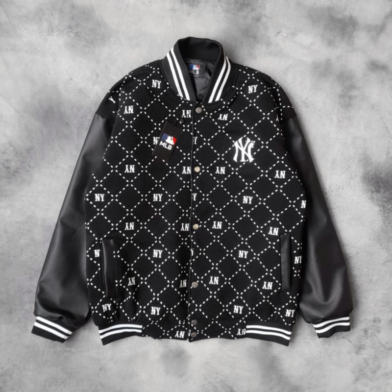 Jual Varsity Jacket MLB NY Monogram Fullprint Karlit Hitam Fulltag ...