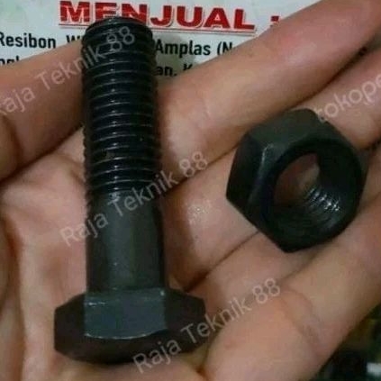 Jual baut mur baja 8.8 m14x50 kunci 22 drat pitch 2.0 / hex bolt + nut m14x50 / baut baja 8.8 ...