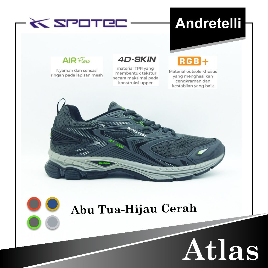 Jual SPOTEC ATLAS Sepatu Running ABU TUA / HIJAU CERAH | Shopee Indonesia