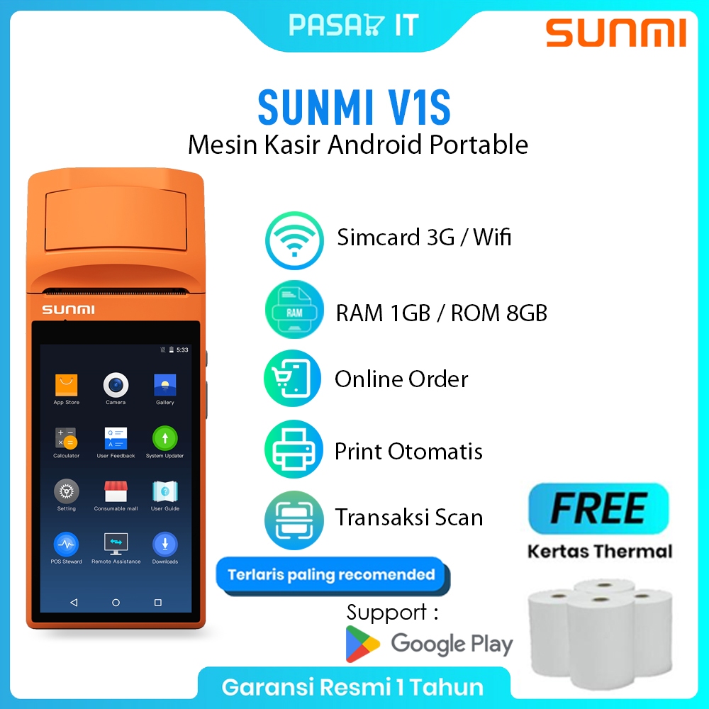 Jual Mesin Kasir Android Portable SUNMI V1s Non NFC 1/8GB POS Thermal Printer Barcode Scan Bisa ...