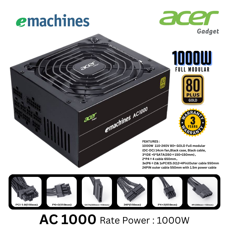 Jual Power Supply 1000 Watt / PSU Gaming 1000W 80+ Plus Gold eMachines Full Modular PCIe 5.0 ...