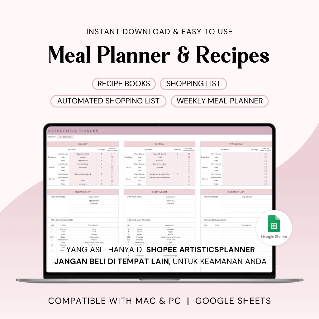 Jual Weekly Meal Planner and Grocery List | Digital Template ...