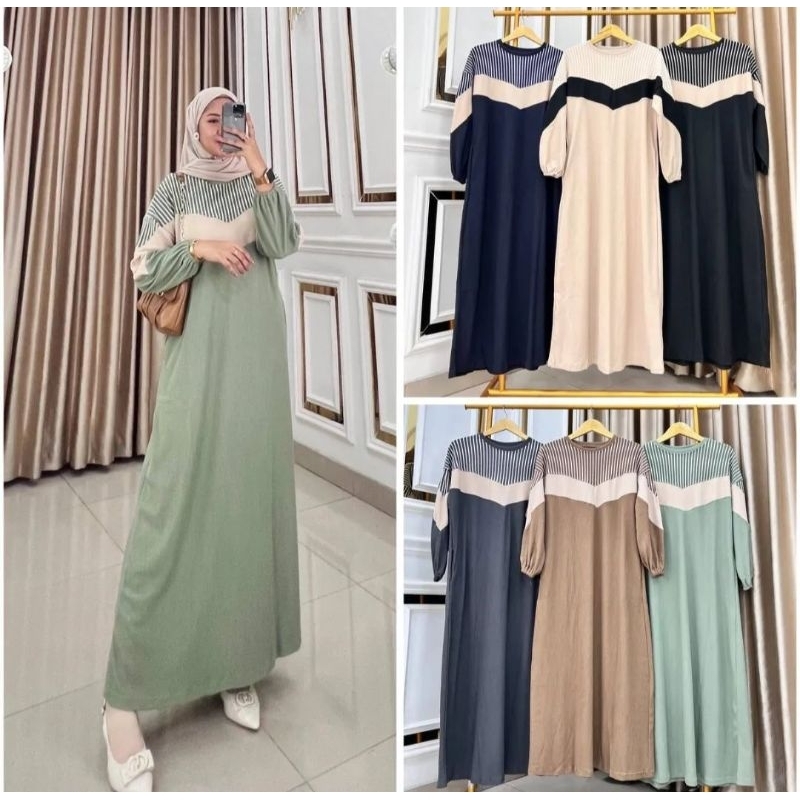 Jual Gamis Wanita Kekinian Gamis Salur Knit Premium Kombinasi Polos Dress Salur Knit | Shopee ...