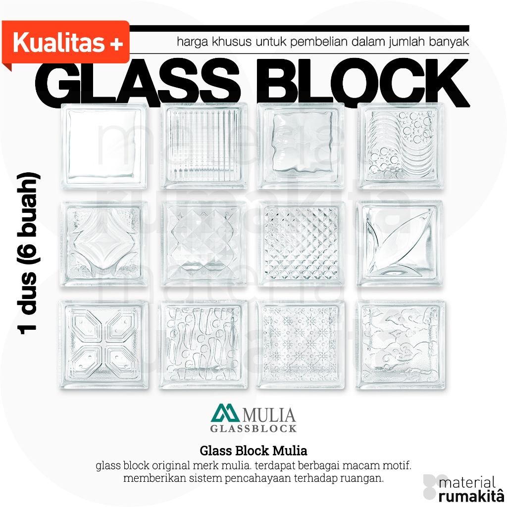 Jual GLASS BLOCK MULIA MOTIF LENGKAP / GLASSBLOCK DINDING 1 DUS 6 BUAH ...
