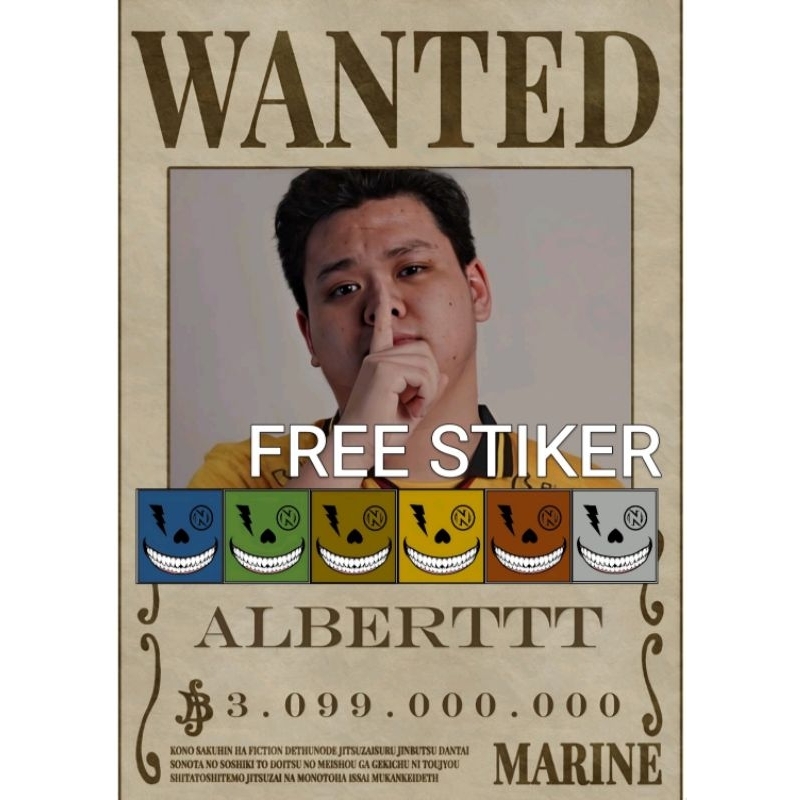 Jual stiker Alberttt model wanted one piece ukuran A4 free stiker ...