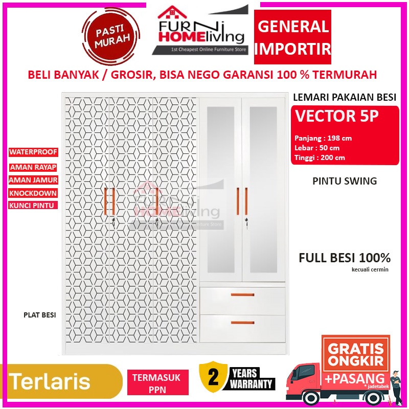 Jual Lemari Pakaian Full Besi 5 Pintu VECTOR 5P Anti Air Rayap Jamur ...