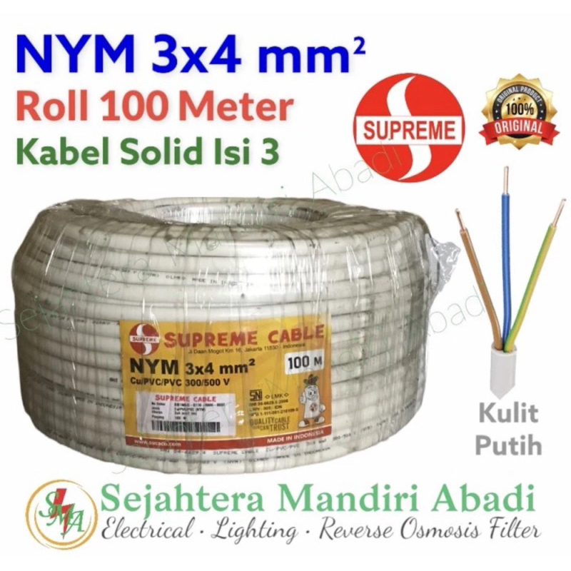 Jual Kabel Listrik NYM 3x4 Supreme 100 Meter Kawat Tunggal Solid Isi 3 ...
