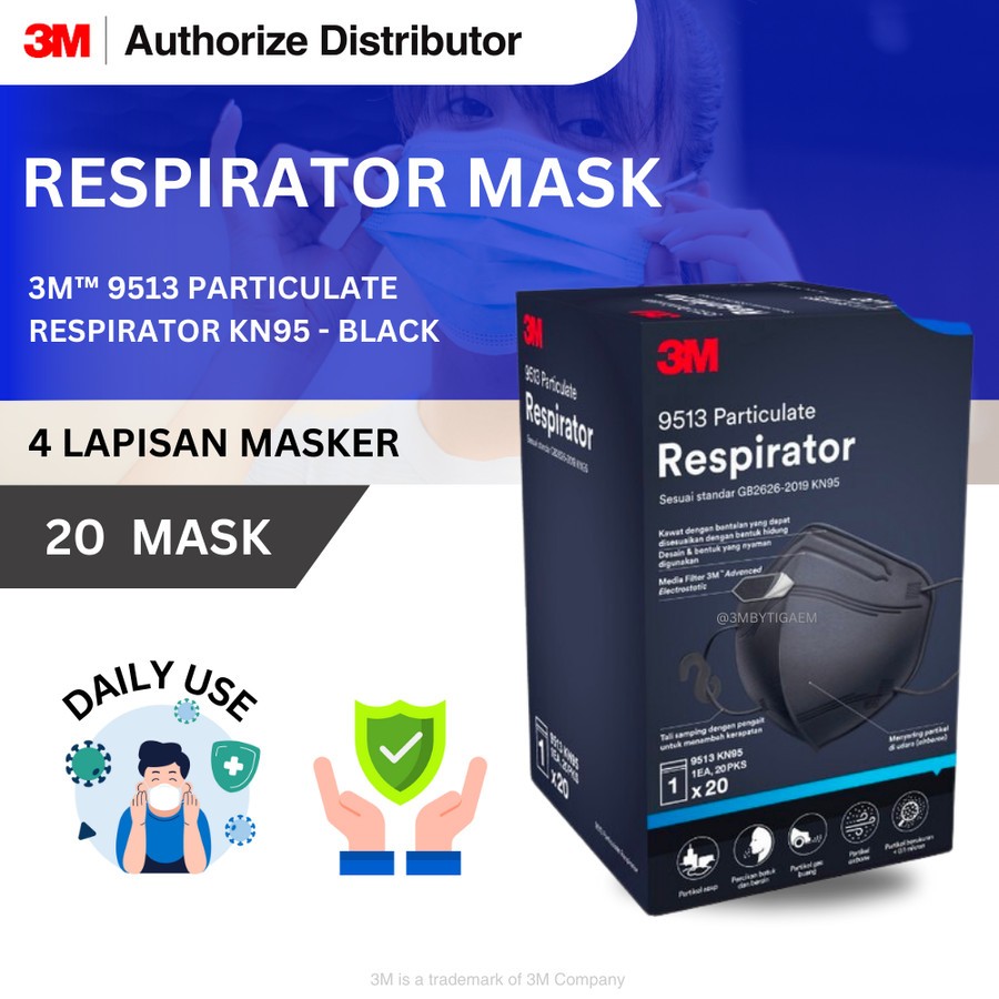 Jual 3M Masker Nexcare 9513 Particulate Respirator KN95 Hitam - BOX isi ...