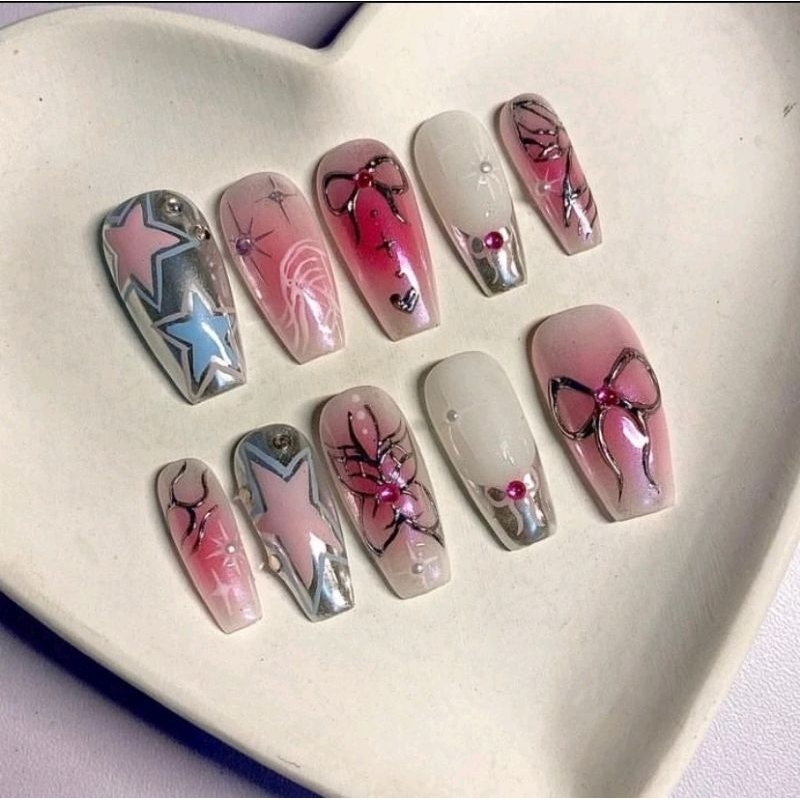 Jual [BACA DESKRIPSI dan SLIDE FOTO] Pink Rock Custom Press on Nails by ...