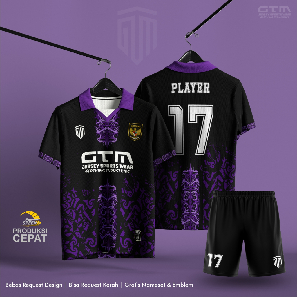 Jual JERSEY BOLA FUTSAL HITAM UNGU MOTIF BATIK KERAH RETRO ~ FREE ...