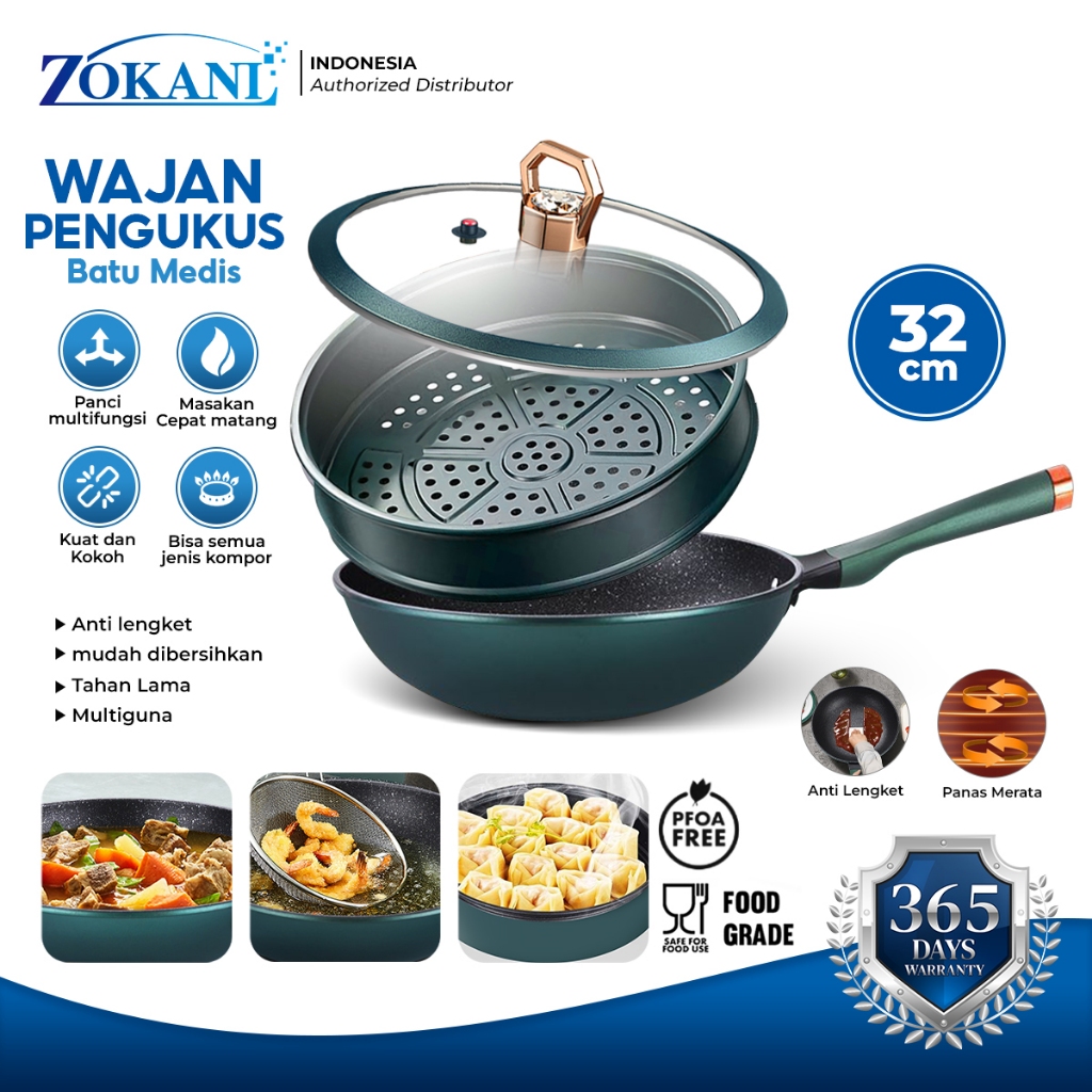 Jual ZOKANI Emerald Green Wajan Batu Medis dengan Steamer 32CM Anti ...