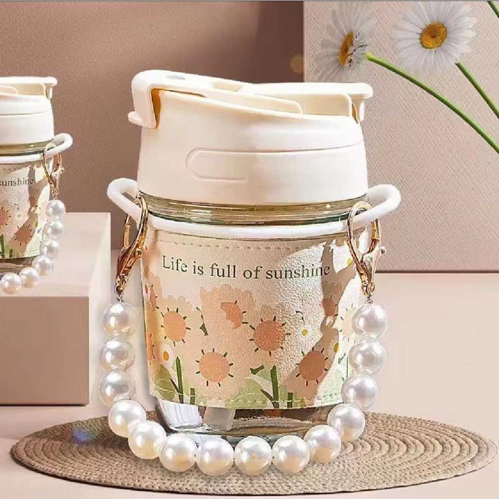 Jual 450ML Botol Minum Aesthetic Tumbler Kaca Botol Lucu Tali Mutiara ...