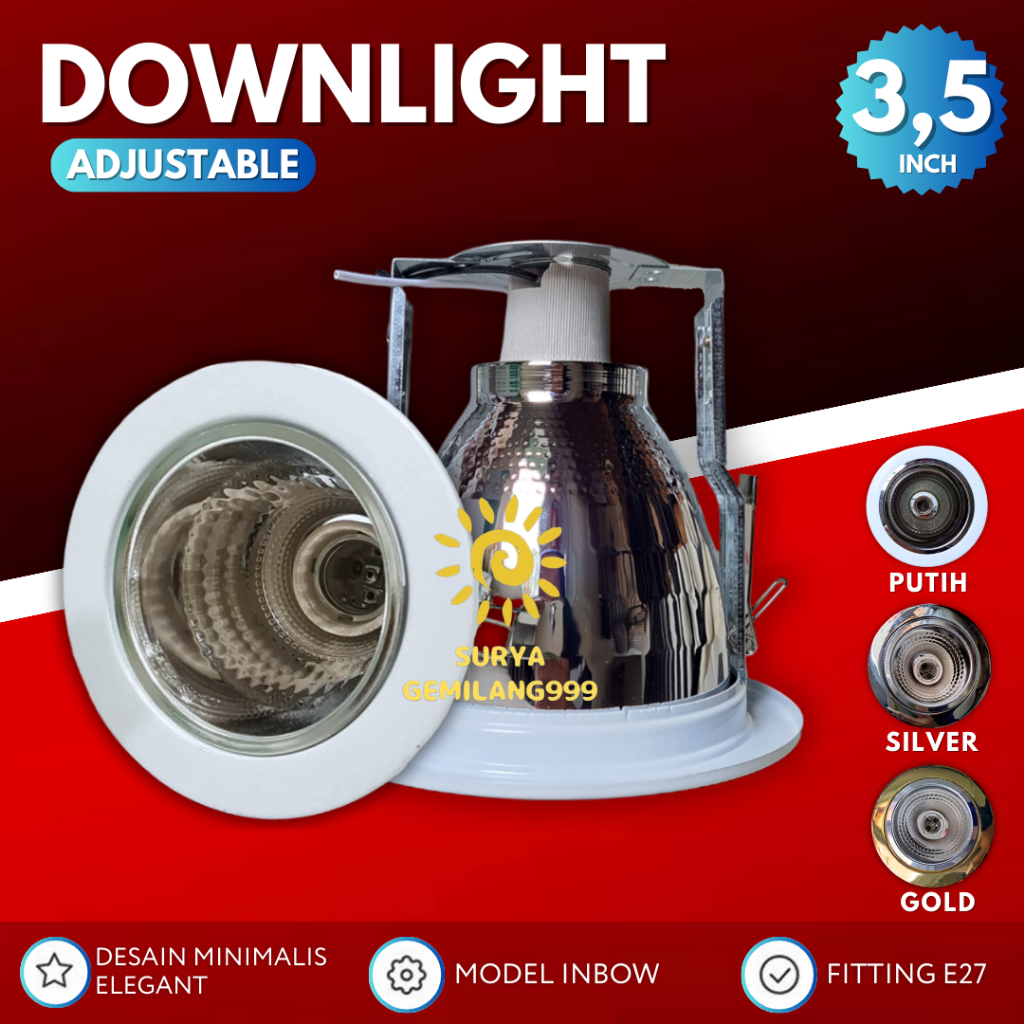 Jual Downlight 3.5 Inch Adjustable + Fitting E27 Putih / Silver / Gold ...