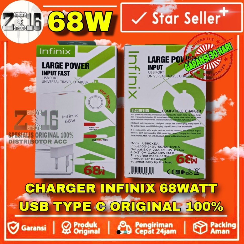 Jual Charger Infinix 68 Watt USB Type C Original 100% Fast charge max ...