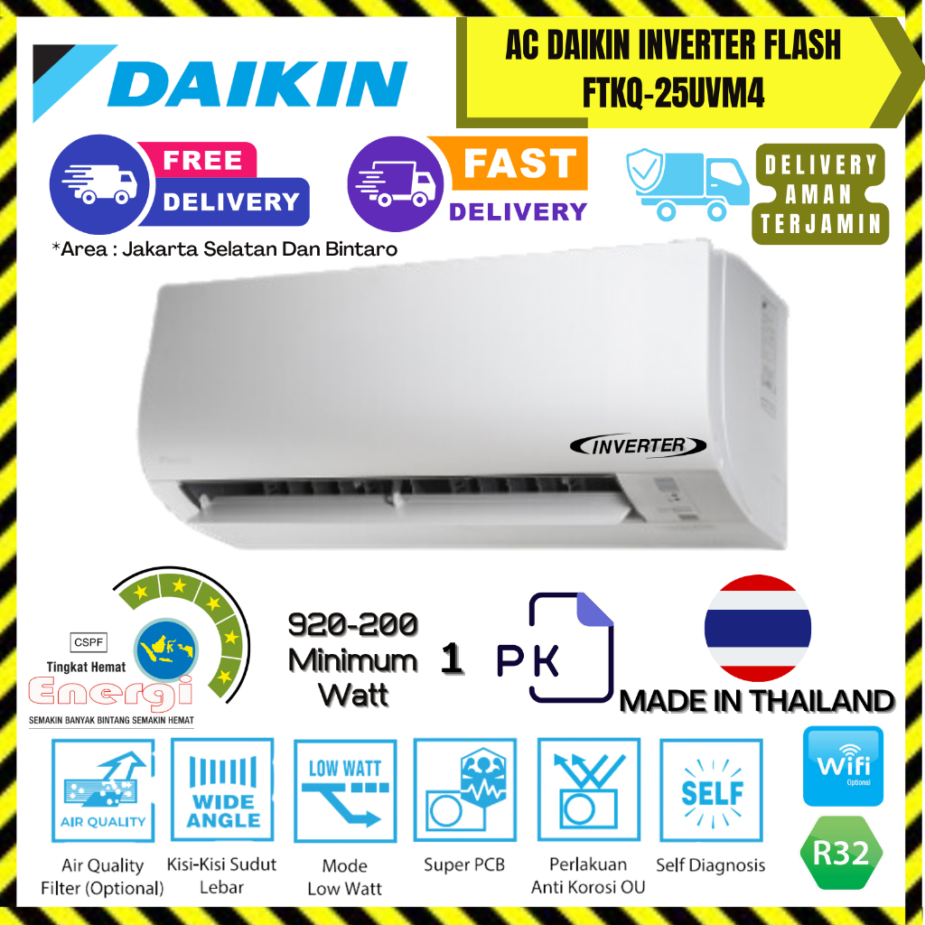 Jual AC DAIKIN 1 PK FLASH INVERTER THAILAND FTKQ-25UVM4 UNIT - PAKET PASANG | Shopee Indonesia