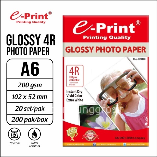 Jual E-print Glossy Photo Paper A6 4R 200 Gsm Polaroid Kertas Foto – Pack (20 Lembar) | Shopee ...