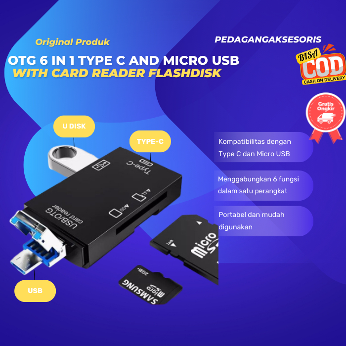 Jual OTG 6 IN 1 TYPE C WITH CARD READER FLASHDISK | Shopee Indonesia