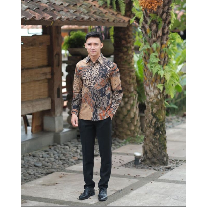 Jual baju batik pria coklat klasik reguler lengan panjang lapis furing ...