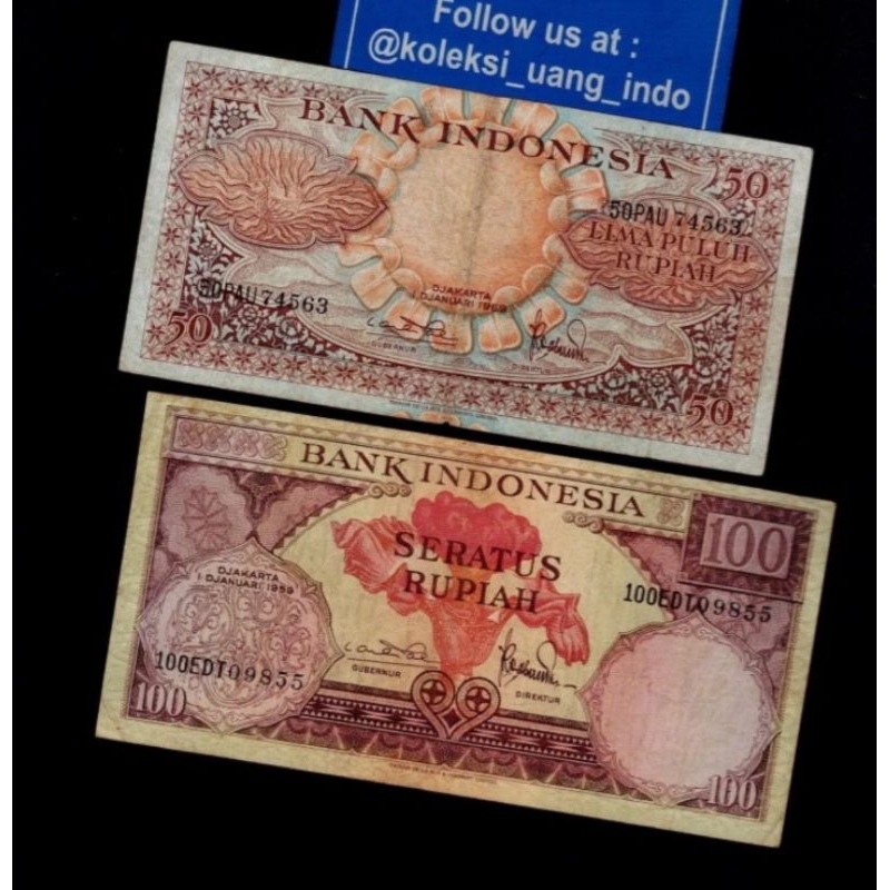 Jual promo uang kuno indonesia 2 lembar seri bunga 50 dan 100 rupiah 1959 asli bekas edar pada ...