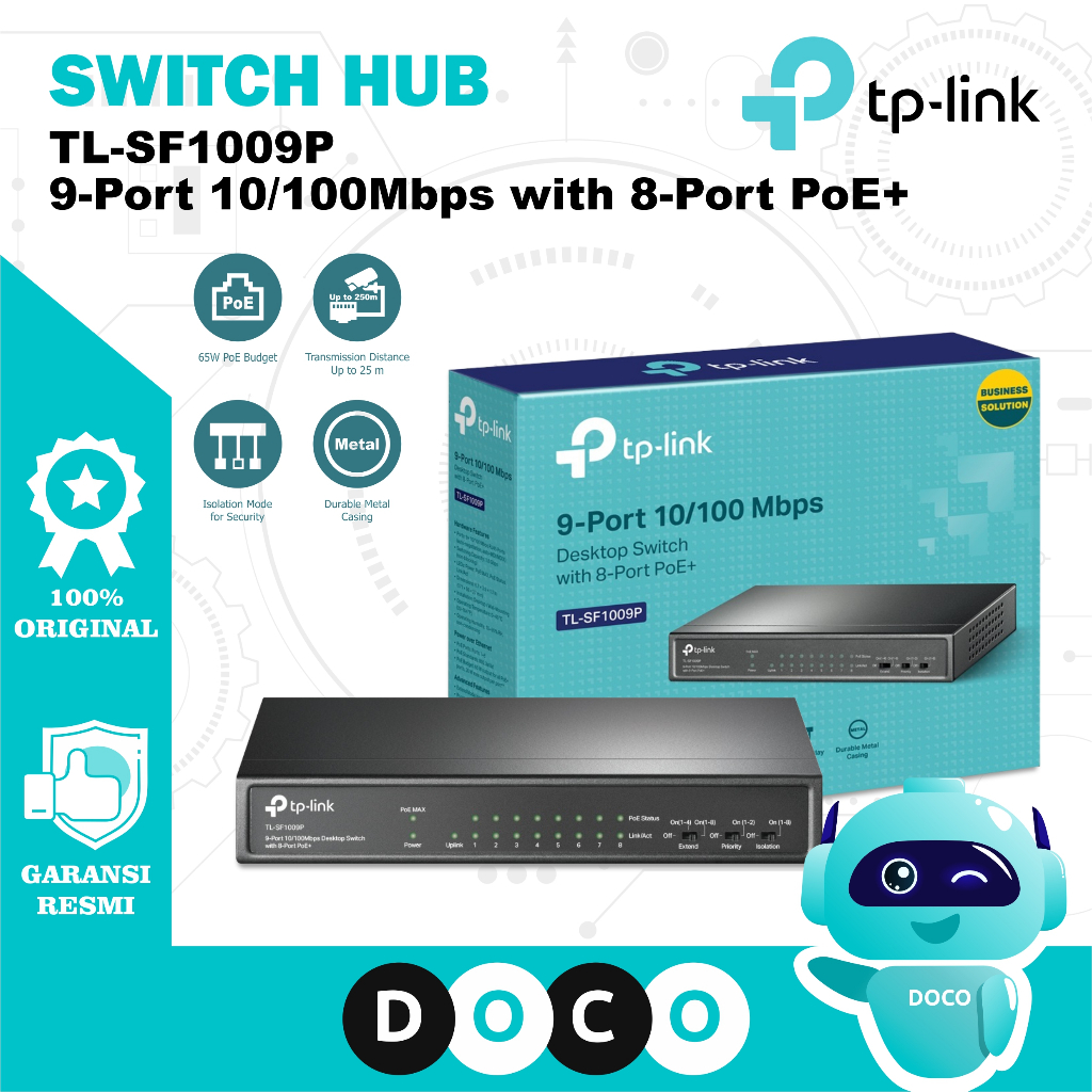 Jual TP-LINK Switch Hub TL-SF1009P 9-Port 10/100Mbps Desktop with 8-Port PoE+ Desktop Network ...