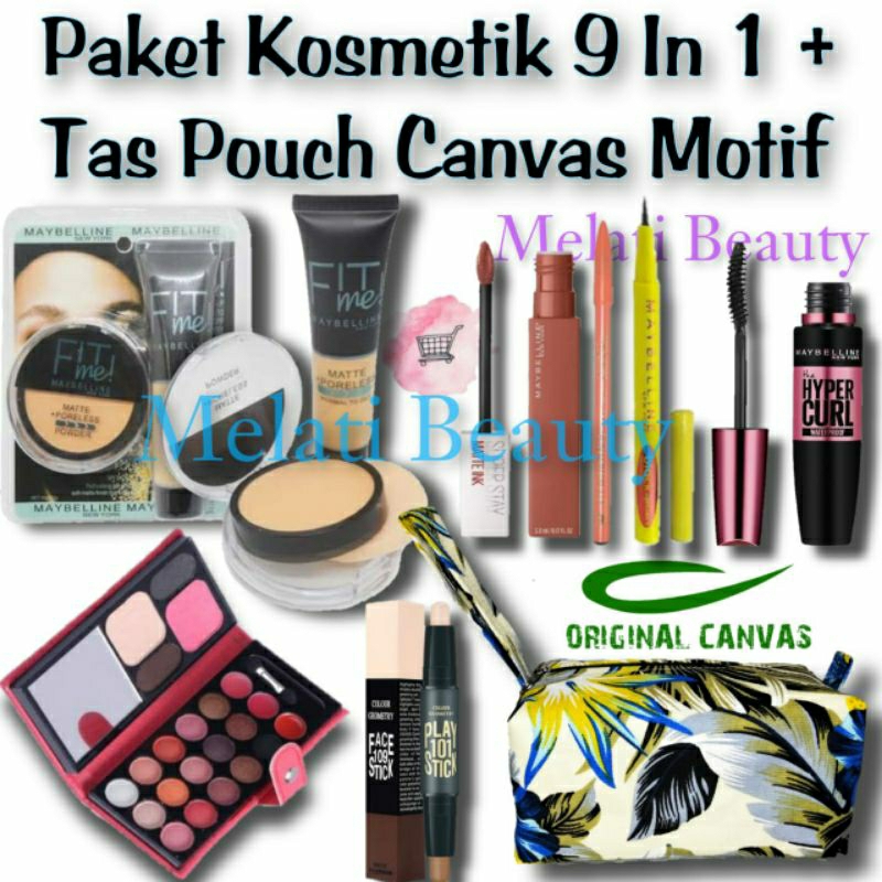 Jual Paket Kosmetik Lengkap Maybelline 9 In 1 / Tas Pouch Canvas Motif ...