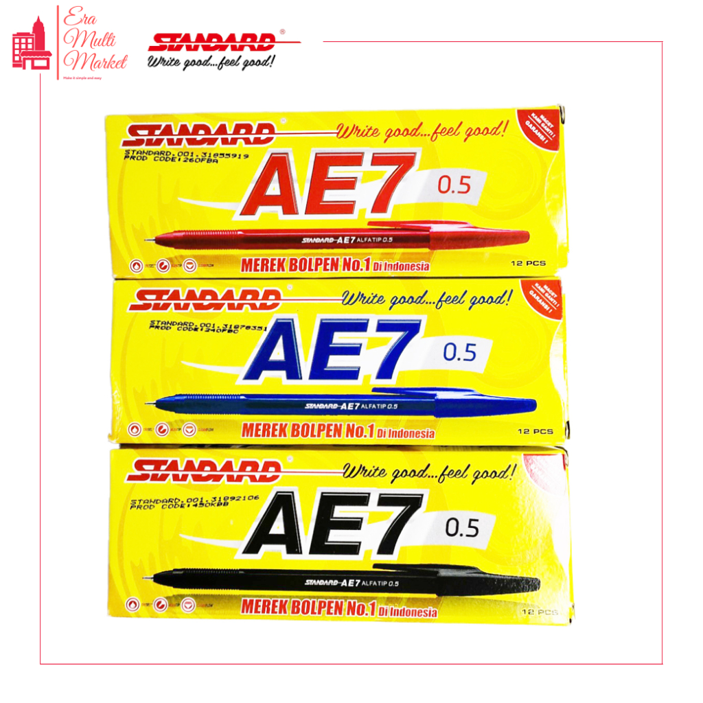 Jual Pena Standard AE7 0,50 mm / Pulpen 12 pcs Tinta Warna Hitam, Biru, dan Merah | Shopee Indonesia