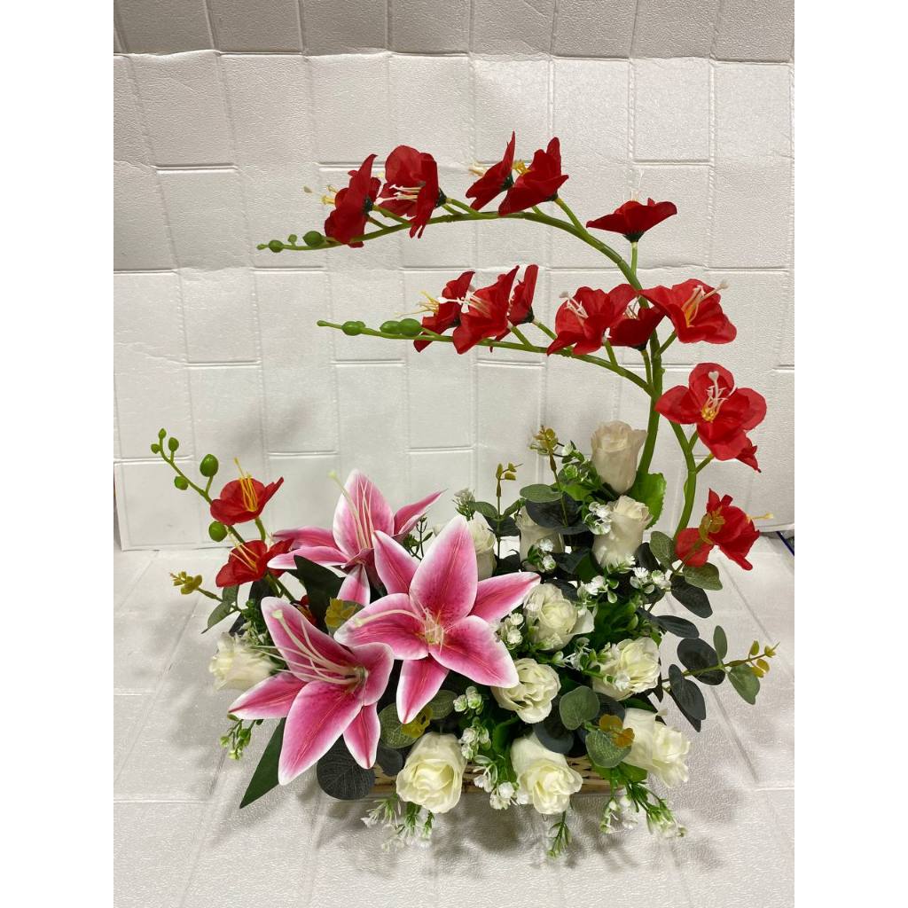 Jual Bunga Meja Sakura, Kuncup + Lily Latex Pot Keranjang Kayu | Shopee ...