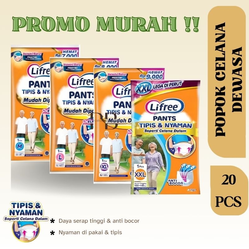 Jual (PROMO TERMURAH 20 PCS) LIFREE PANTS POPOK CELANA DEWASA ORANG TUA ADULT DIAPERS UKURAN M L ...
