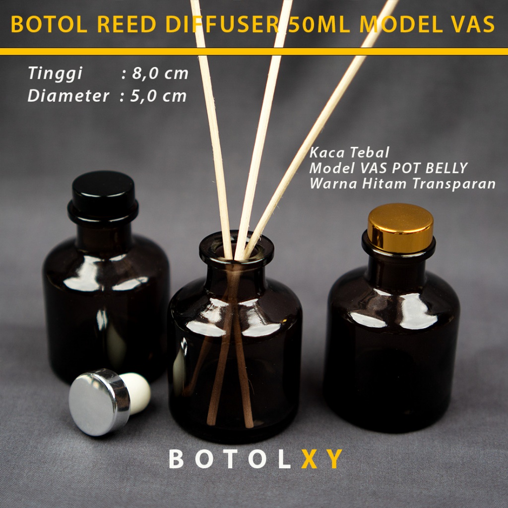 Jual Botol Reed Diffuser 50ml - Vas Belly Pot - Kaca Hitam Transparan Aromatherapy Pengharum ...