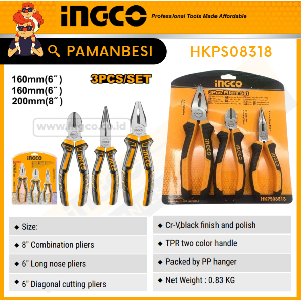 Jual INGCO Tang Set 3 in 1 Kombinasi Potong Jepit Pliers Set HKPS08318 ...