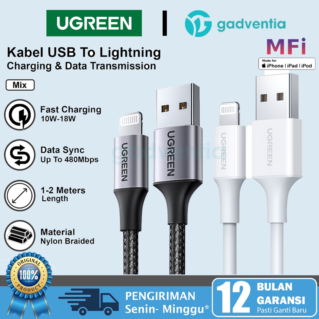 Jual Ugreen Kabel Charger Usb Lightning Cable Data MFI Data Untuk iPhone 6 7 8 X XR Max 2.4A 10W ...