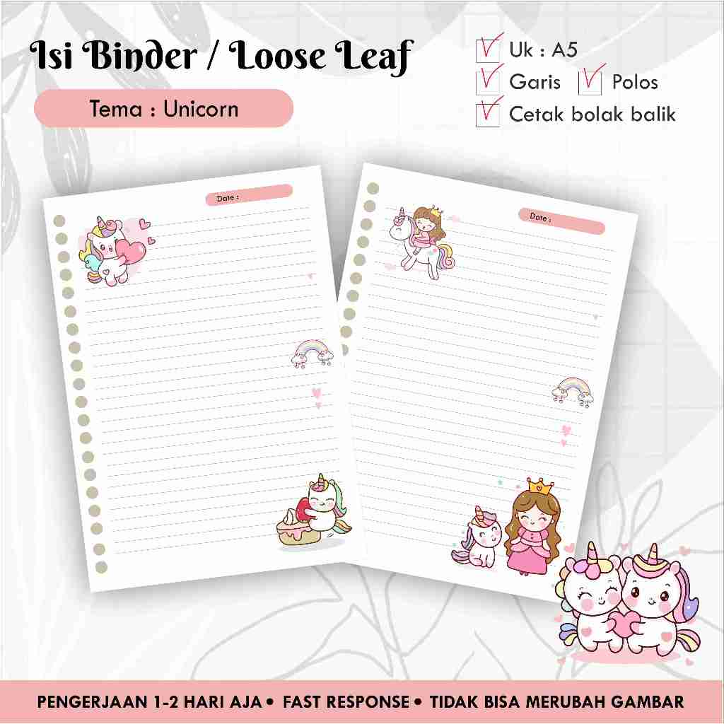 Jual [10 pcs] Isi Binder / Loose leaf gambar A5 Tema UNICORN / Refill ...
