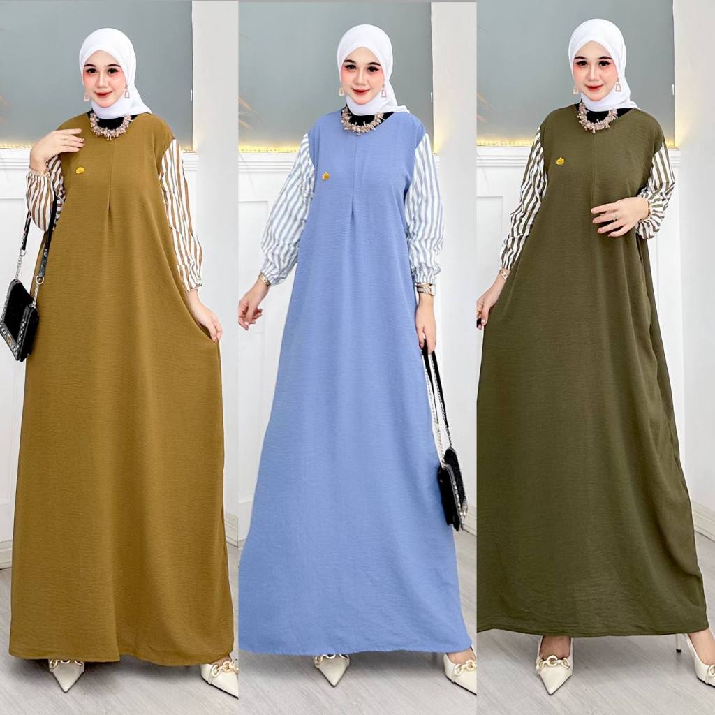 Jual Paket 2 Pcs Nayla Dress Free Pin/Bross Kombinasi Salur & Polos Gamis Kekinian Simple ...