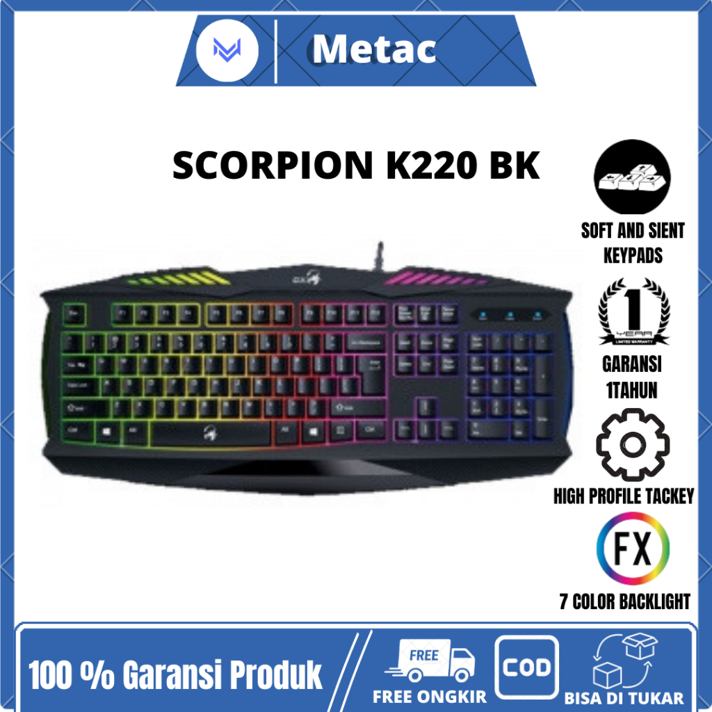 Jual Keyboard Gaming GENIUS SCORPION K220 USB LED RAINBOW BACKLIGHT ...