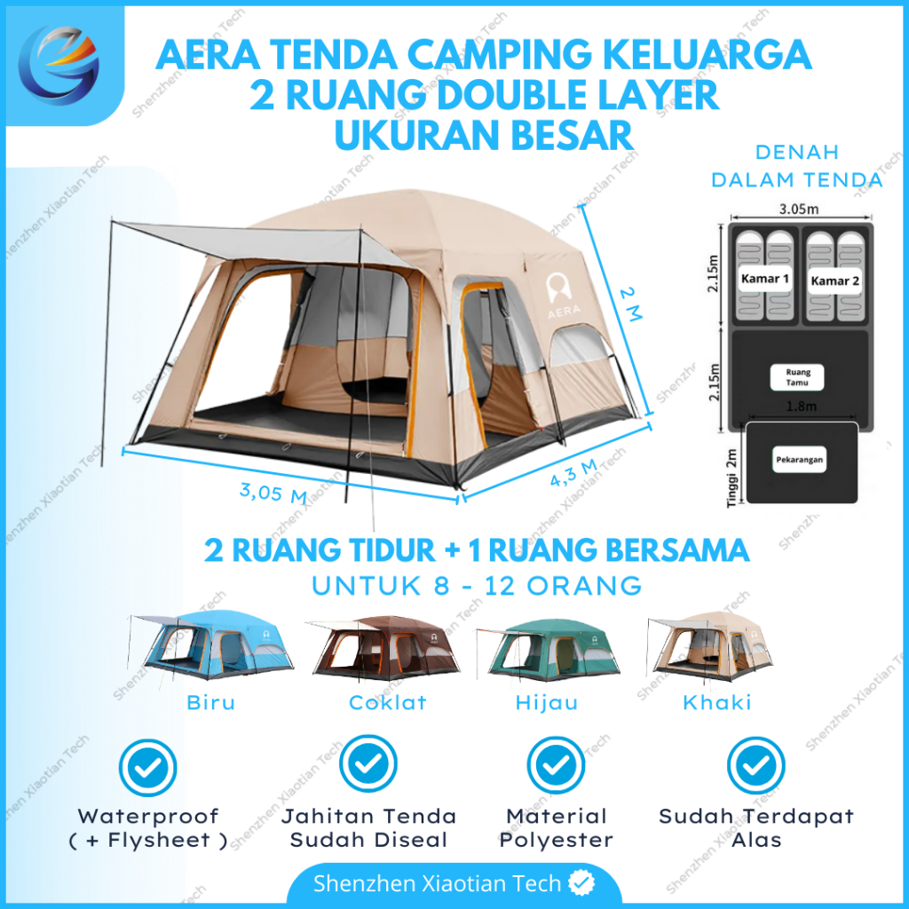 Jual TENDA KEMPING KELUARGA 8-12 ORANG / FAMILY TENT 2 RUANG UKURAN ...