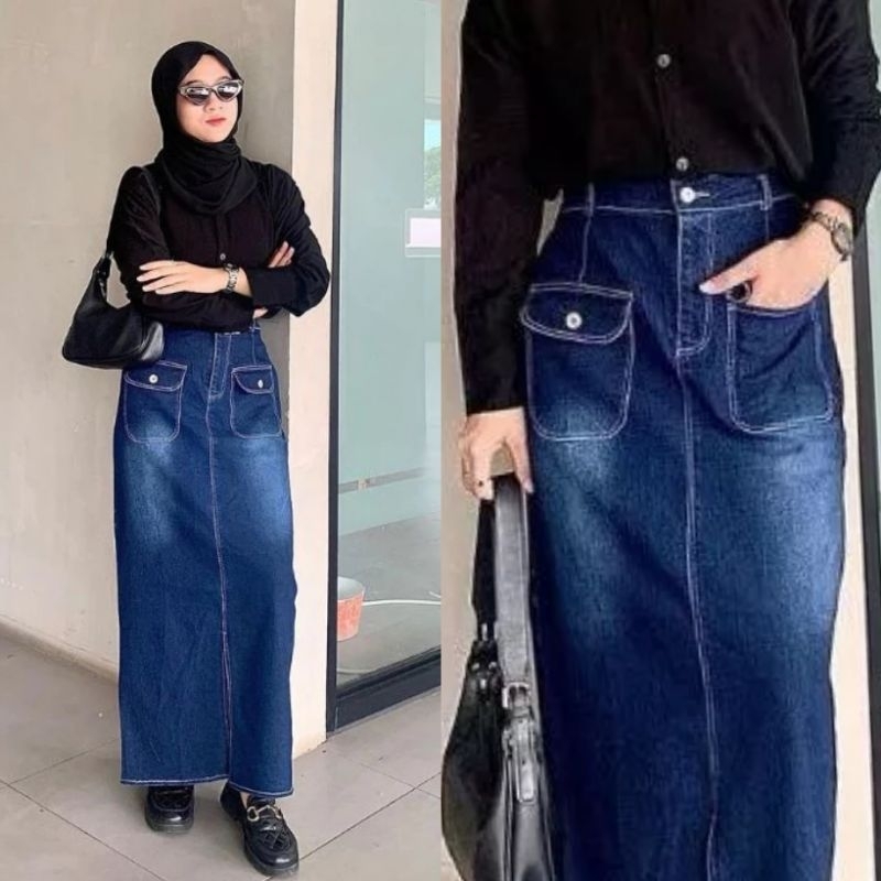 Jual Rok Jeans Skirt Theana Rok Jeans Highwaist Panjang DENIM SKIRT Rok ...
