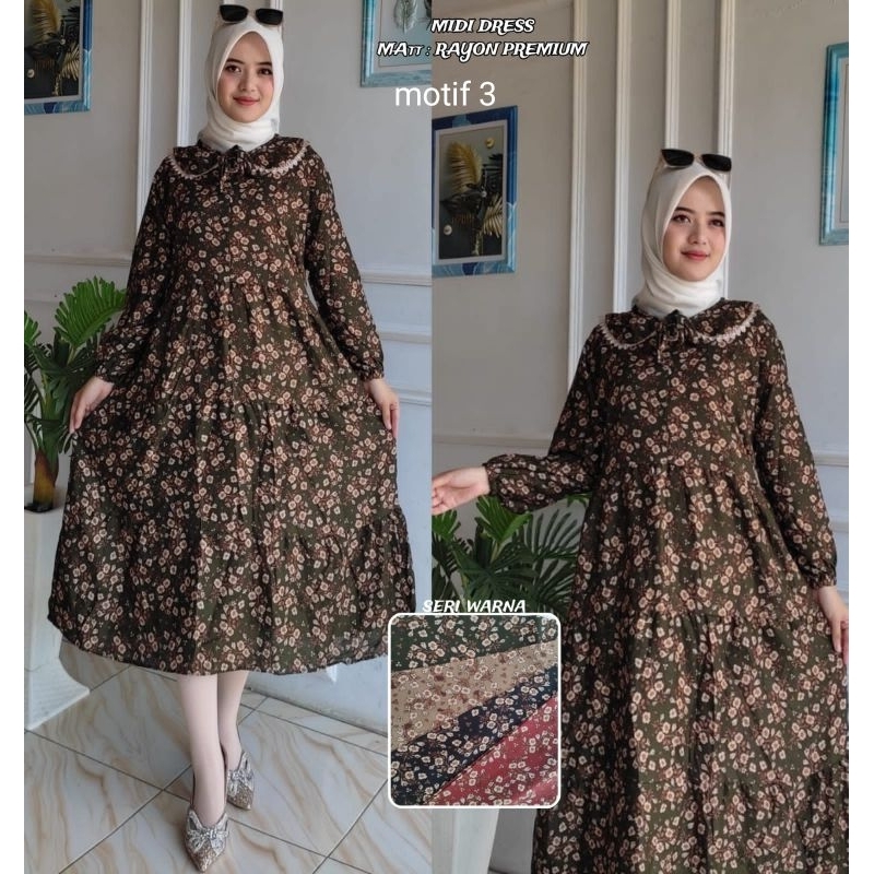 Jual Midi dress Mini dress rayon diamond premium bunga viral terusan ...