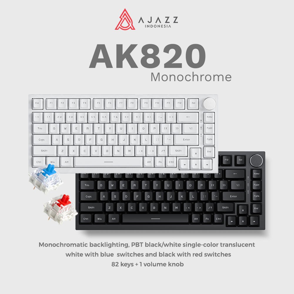 Jual Ajazz AK820 Monochrome 75% Mechanical Keyboard White/Blue Light Hotswappable With Gasket ...