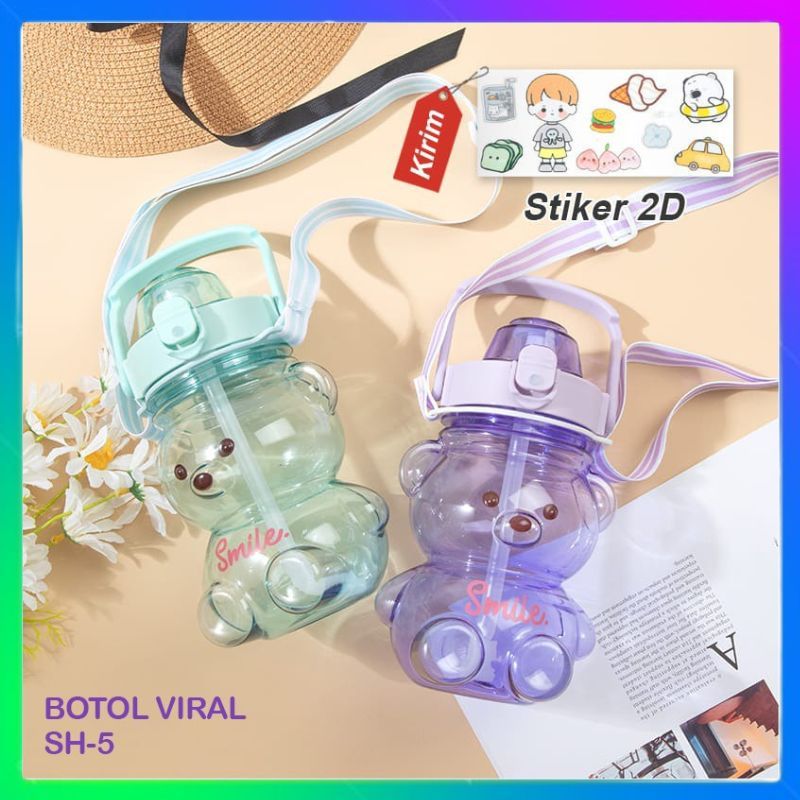 Jual Botol Minum Viral Beruang Transparant Free Sticker Dan Tali ...