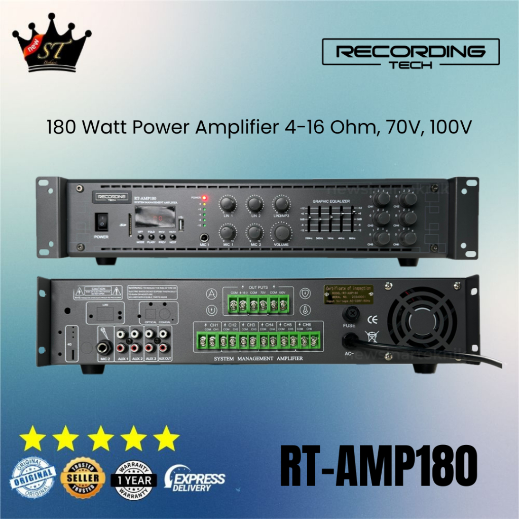 Jual Recording Tech RT-AMP180 Power Amplifier 180 Watt Amply 100V 70V 8 ...