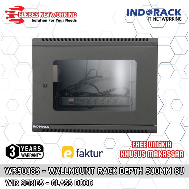 Jual WR5008S INDORACK Depth 500mm 8U Wallmount Rack Glass Door Rak ...