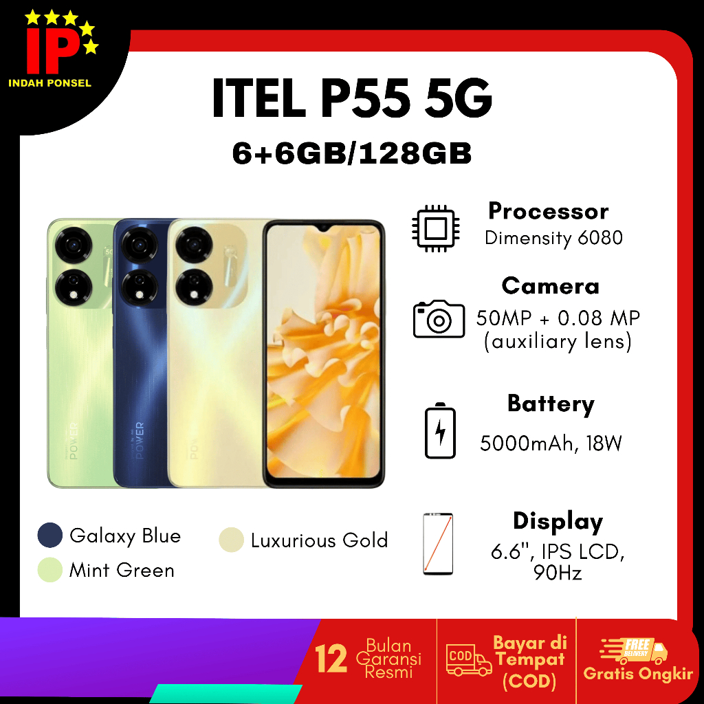 Jual ITEL P55 5G RAM 6+6GB/128GB BERGARANSI RESMI NASIONAL | Shopee ...