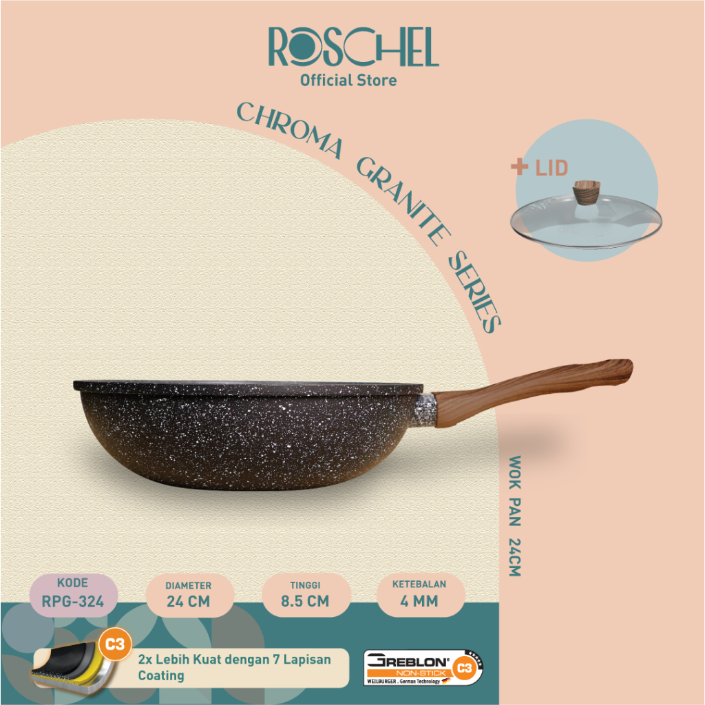 Jual Roschel Chroma Granite Wok Pan 24 cm , 28 cm + Tutup Kaca Greblon C3 German Coating Wajan ...