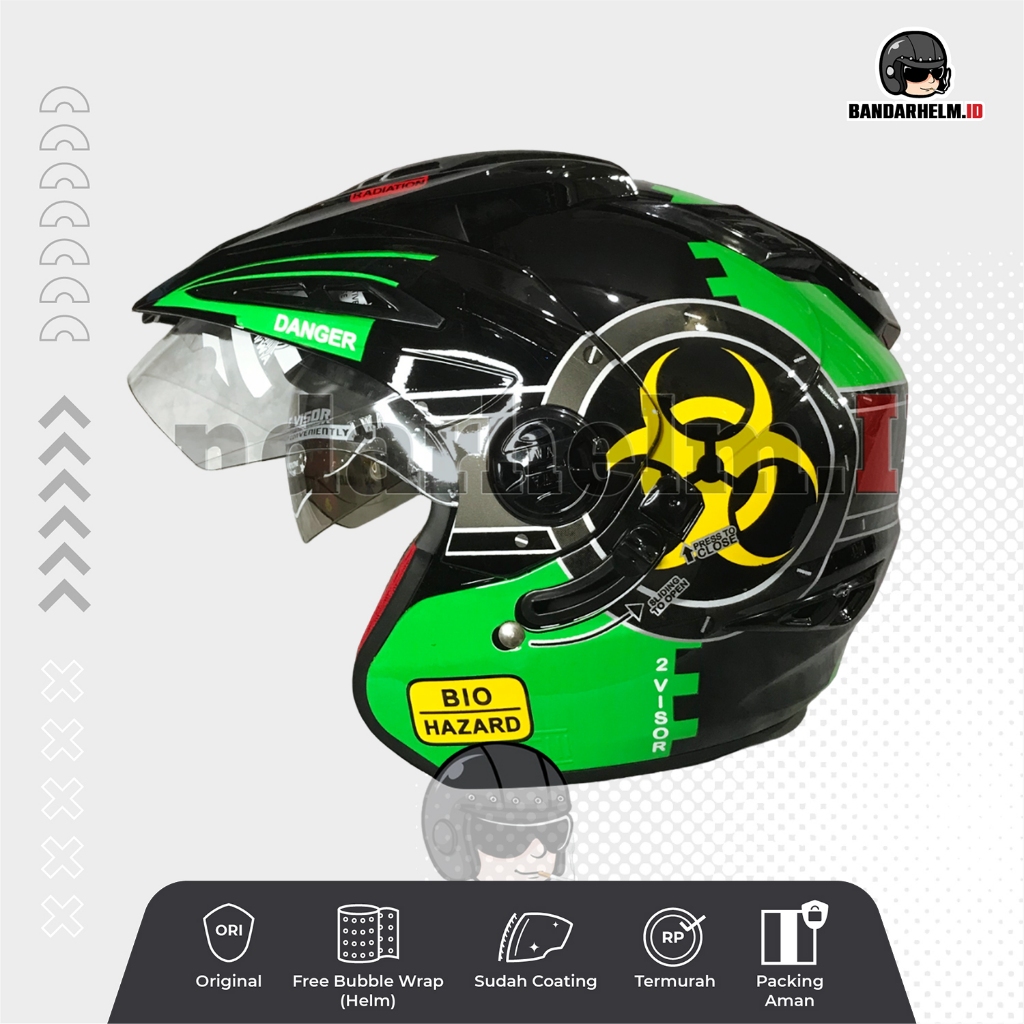 Jual Helm Half Face RN Double Visor Bio Green Black | Shopee Indonesia