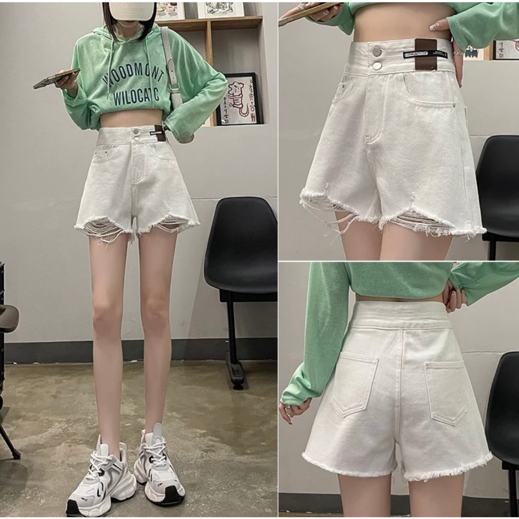 Jual OOTD Celana pendek putih wanita Hot pants jeans celana jeans pendek wanita sobek shorts ...