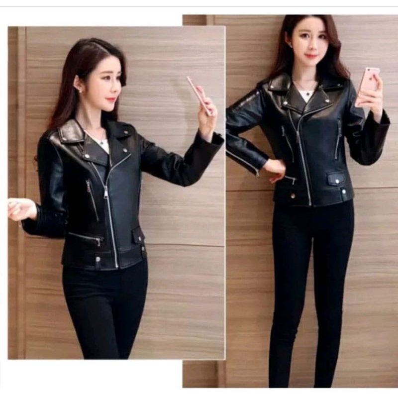 Jual jaket kulit hitam wanita crop model Korea 2024 terlaris | Shopee ...